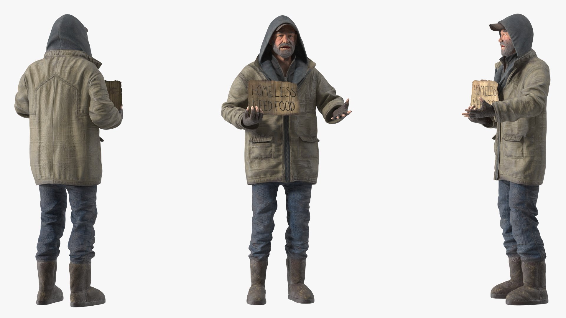 3D Homeless Man With A Sign Asking For Alms - TurboSquid 2283329