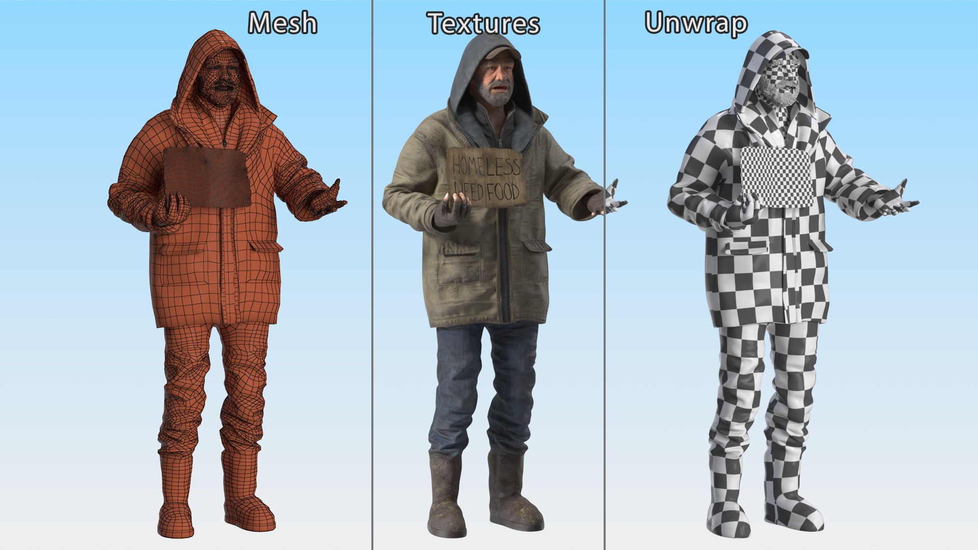 3D Homeless Man With A Sign Asking For Alms - TurboSquid 2283329