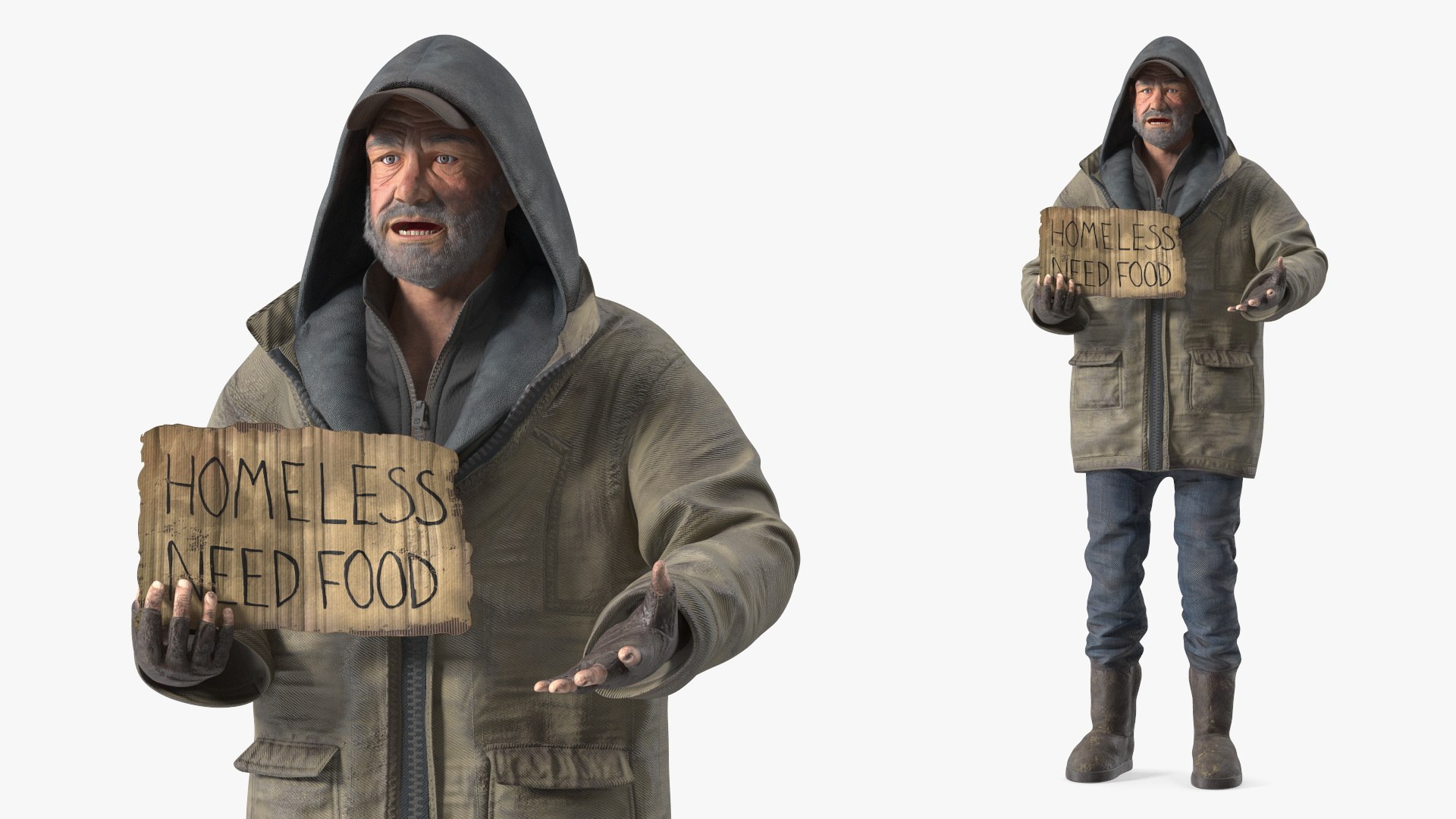 3D Homeless Man With A Sign Asking For Alms - TurboSquid 2283329
