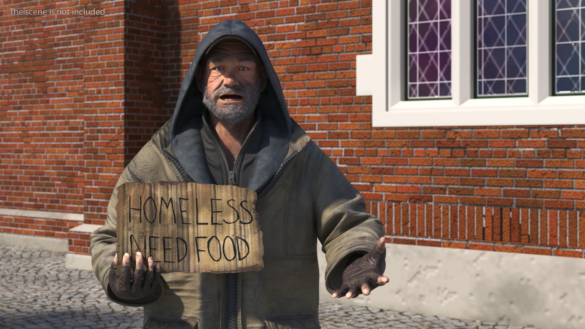 3D Homeless Man With A Sign Asking For Alms - TurboSquid 2283329