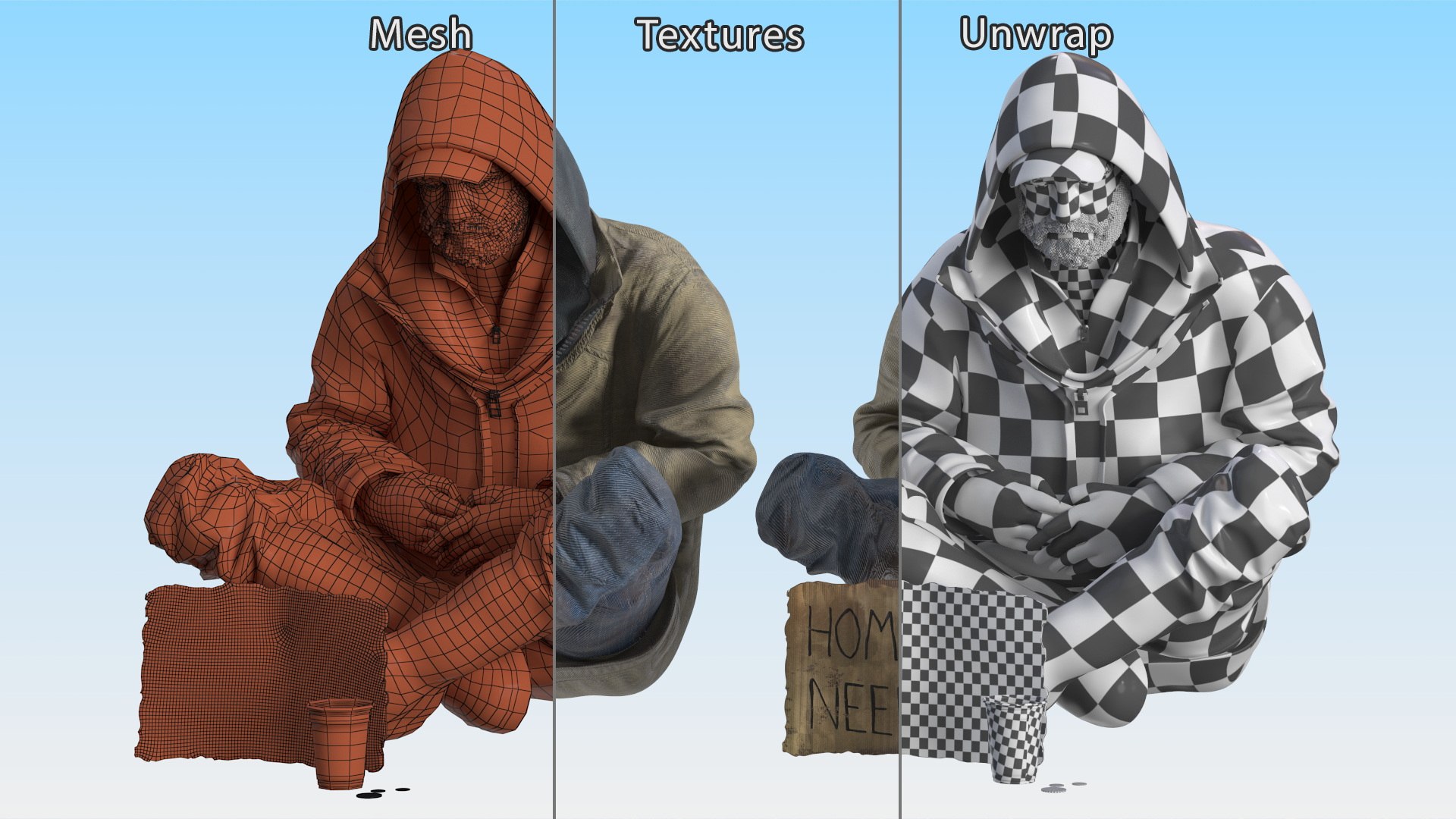 Homeless Man With A Sign And A Cup Of Change 3D Model - TurboSquid 2283309