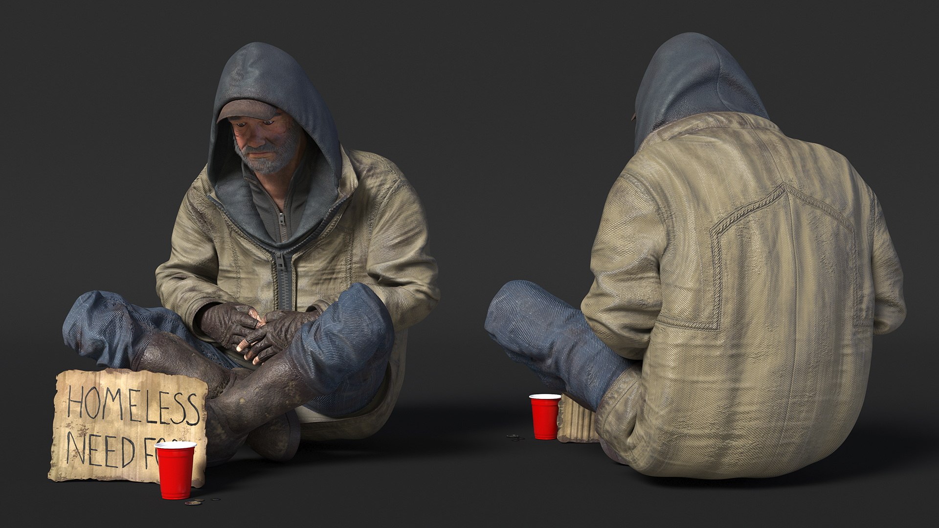 Homeless Man With A Sign And A Cup Of Change 3D Model - TurboSquid 2283309