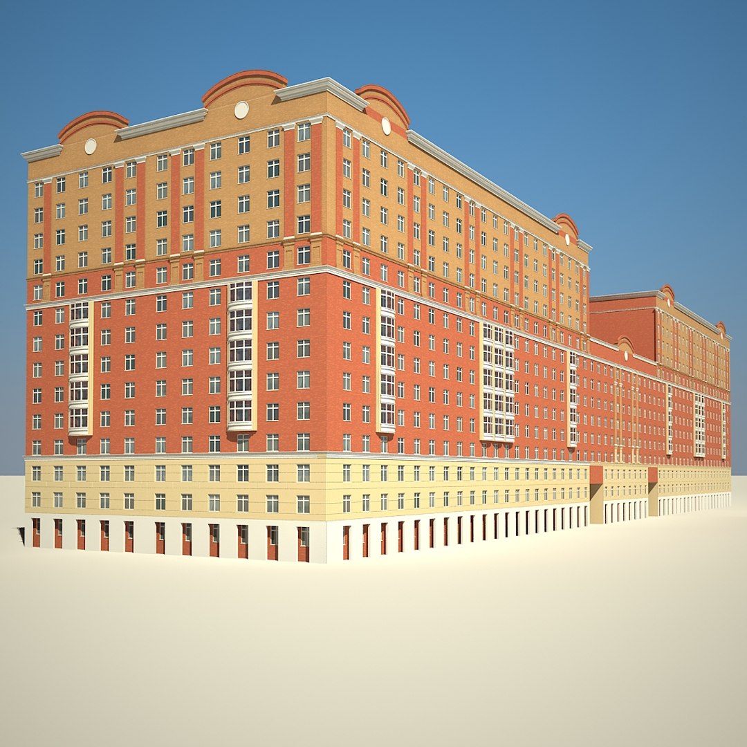 Long Red Brick Building 3d Model