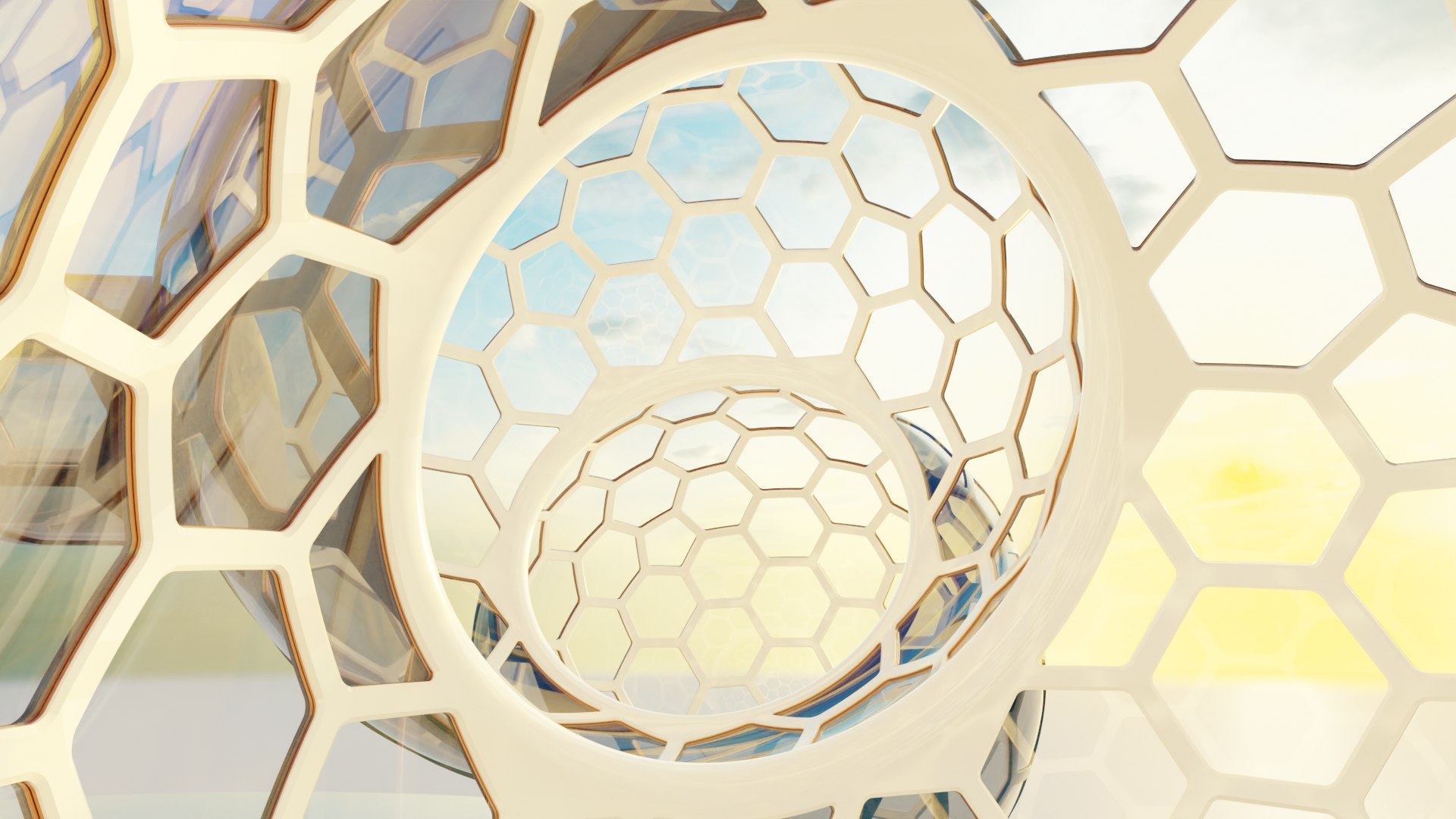 2 Fused Glass Hexagon Sci Fi Spherical Domes Set With Walkway 3D Model ...