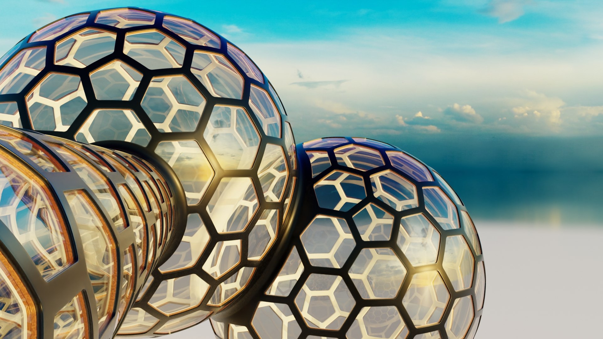 2 Fused Glass Hexagon Sci Fi Spherical Domes Set With Walkway 3D Model ...