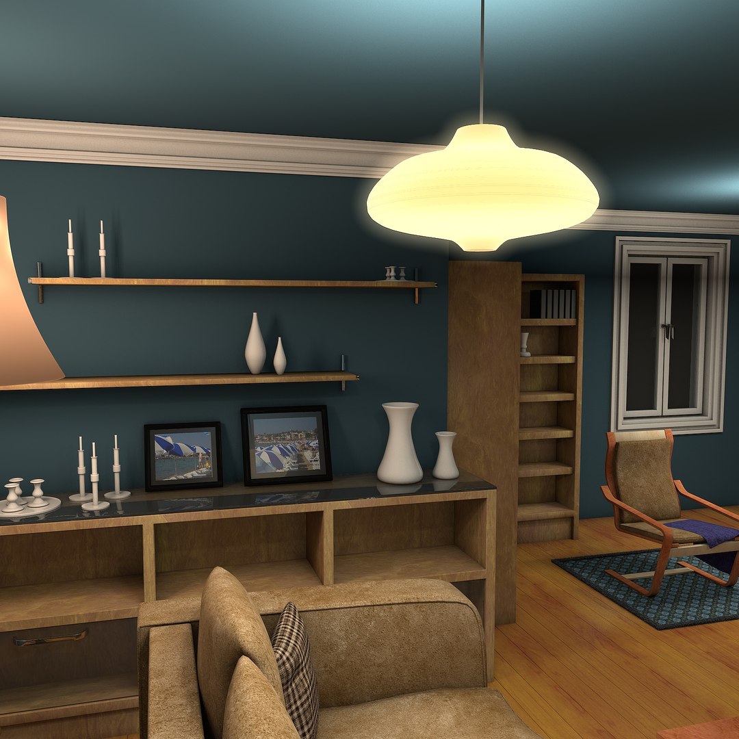 3d Luxury Living Room Night Interior Model