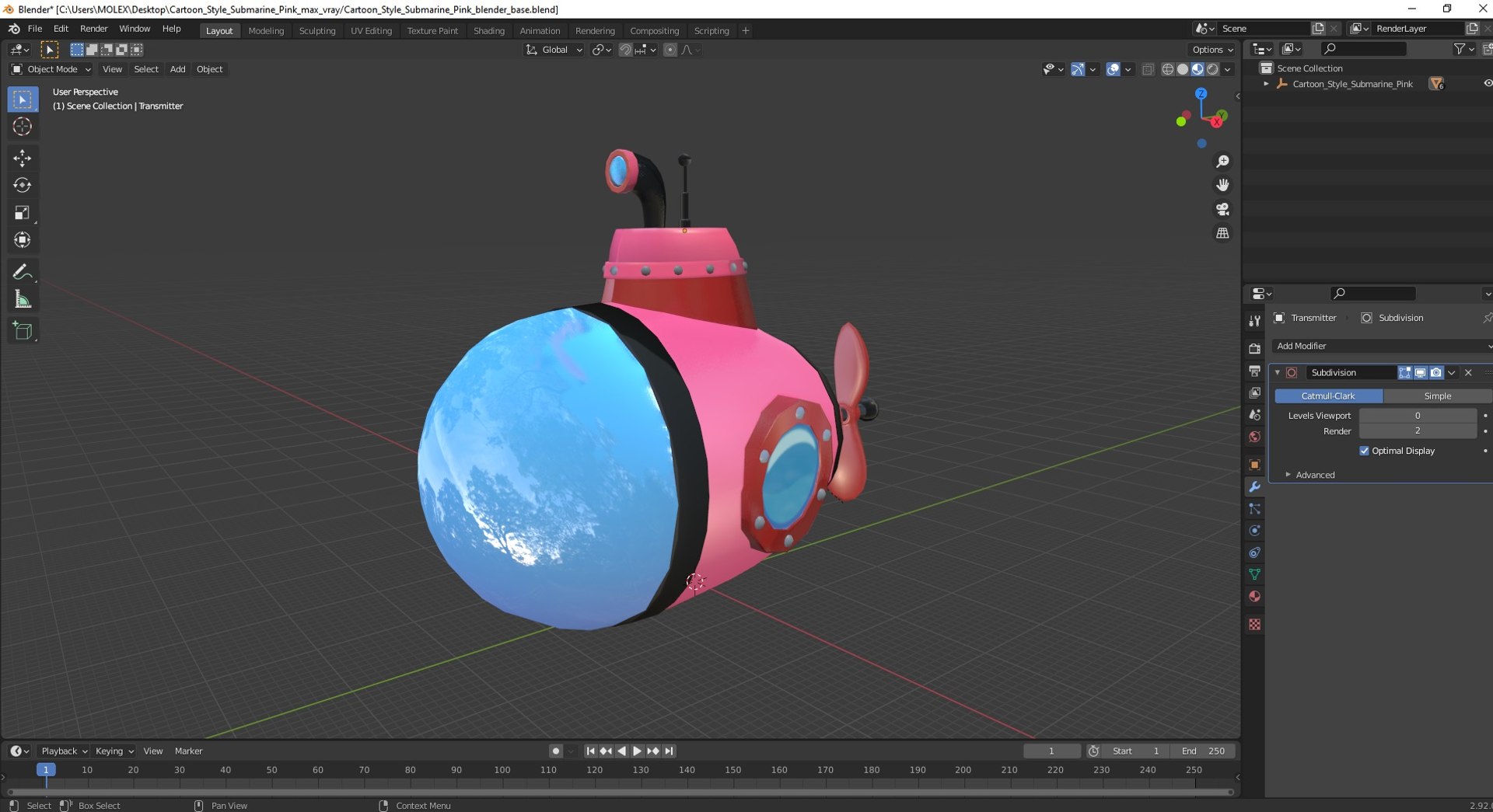 3D Cartoon Style Submarine Pink Model - TurboSquid 2219818