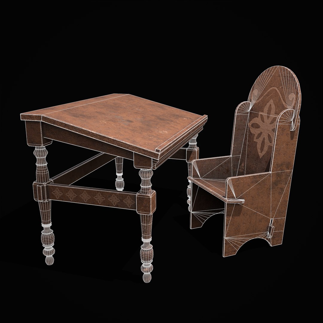 3D Elegant Long Writing Desk And Wooden Chair - TurboSquid 1824122
