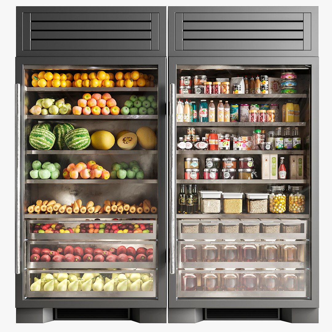 3D Showcase in a supermarket with fruits vegetables and spices ...