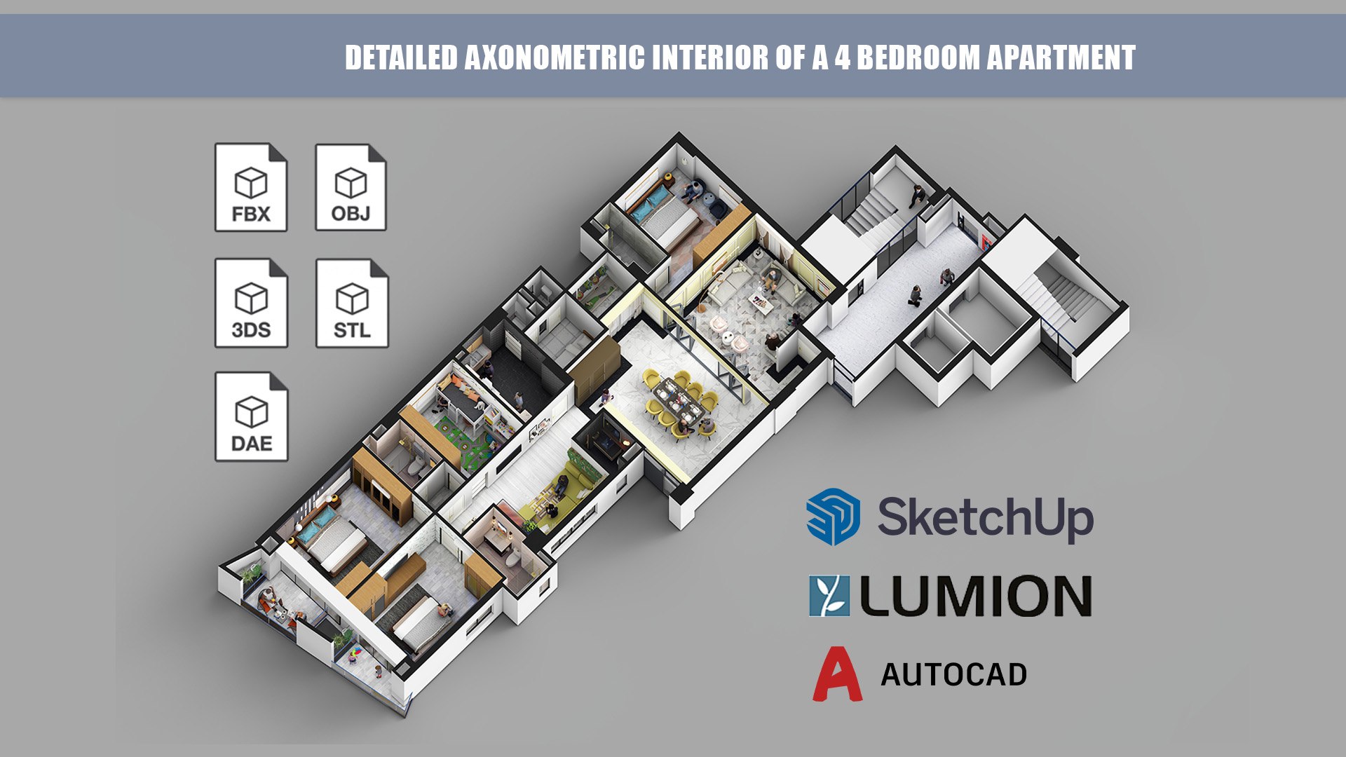 Detailed Axonometric Interior Of A 4 Bedroom Apartment 3D Model ...
