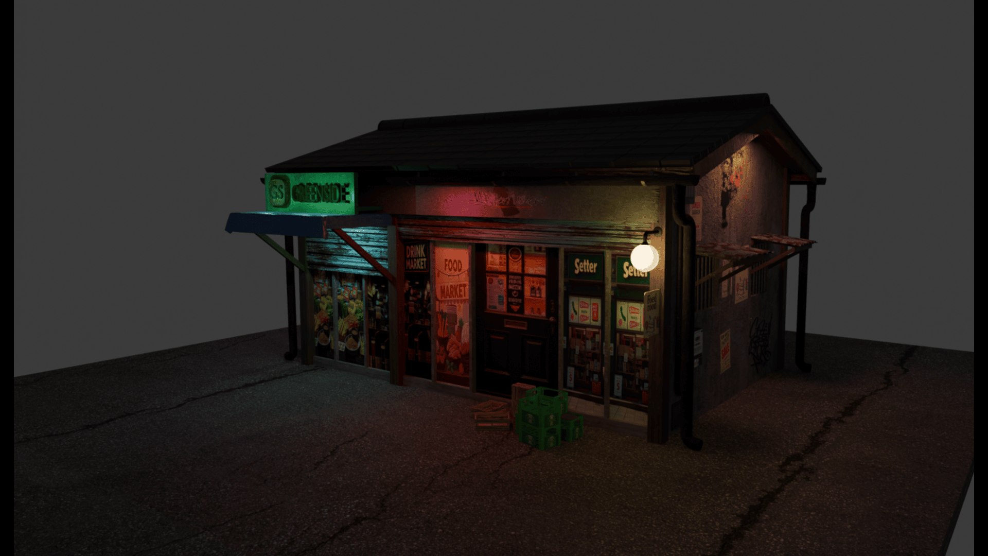 3D Model Retro Convenience Store Exterior With Neon Lighting ...
