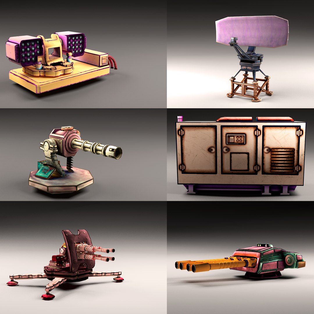 3d Model Cartoon 4-gun Turret