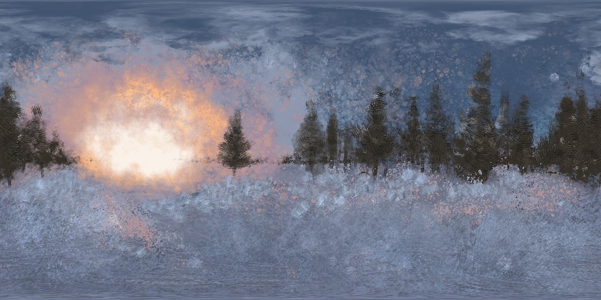 360 VR Panoramic Skybox equirectangular handpainted snow forest 3D ...