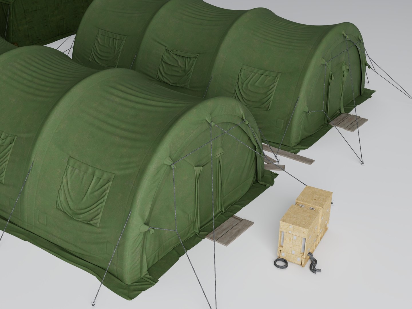 3D Model Military Green Tent Pack Army Camp Tents With Guy Ropes ...