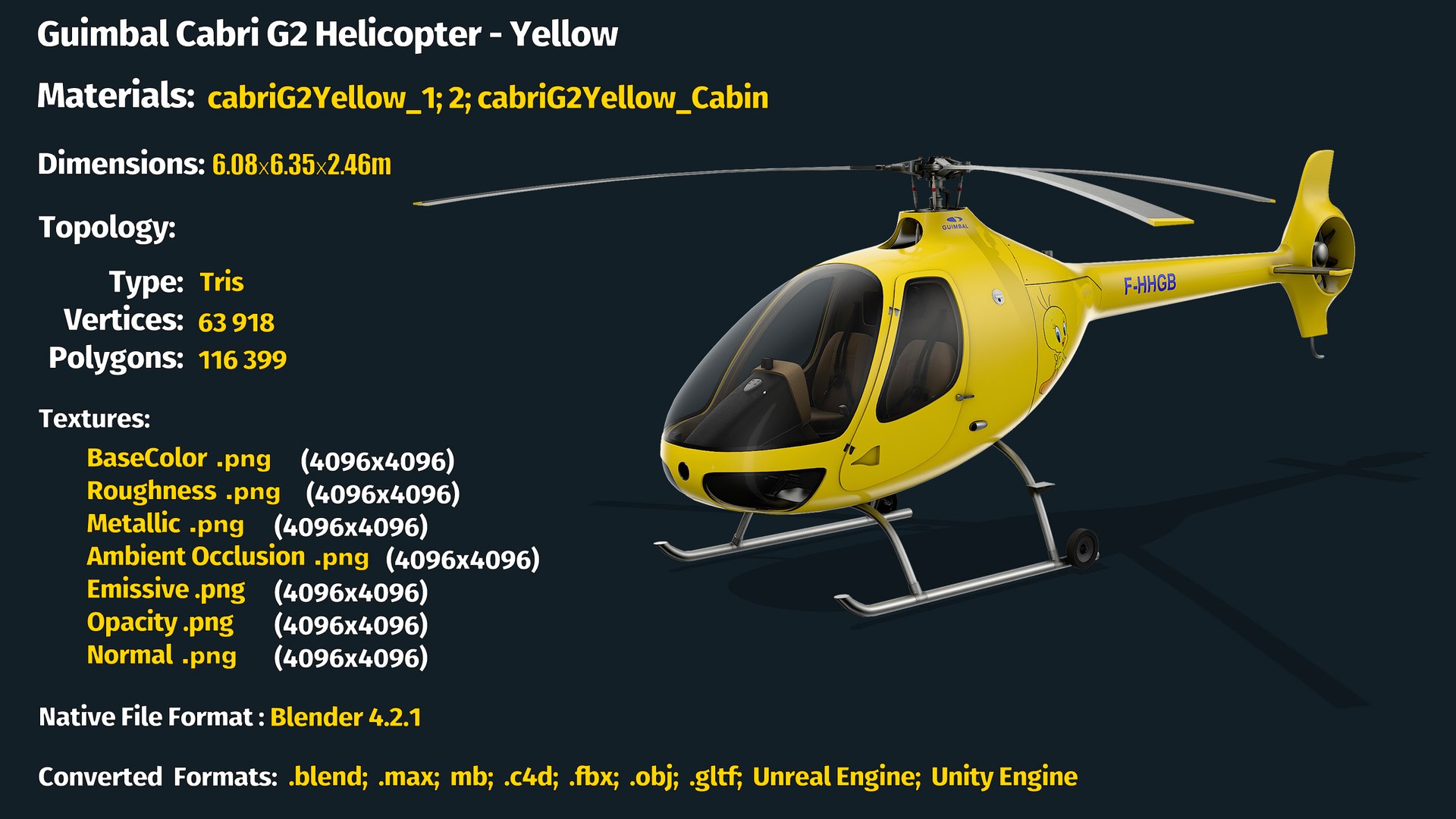 Guimbal Cabri G2 Helicopter - Yellow 3D - TurboSquid 2285234