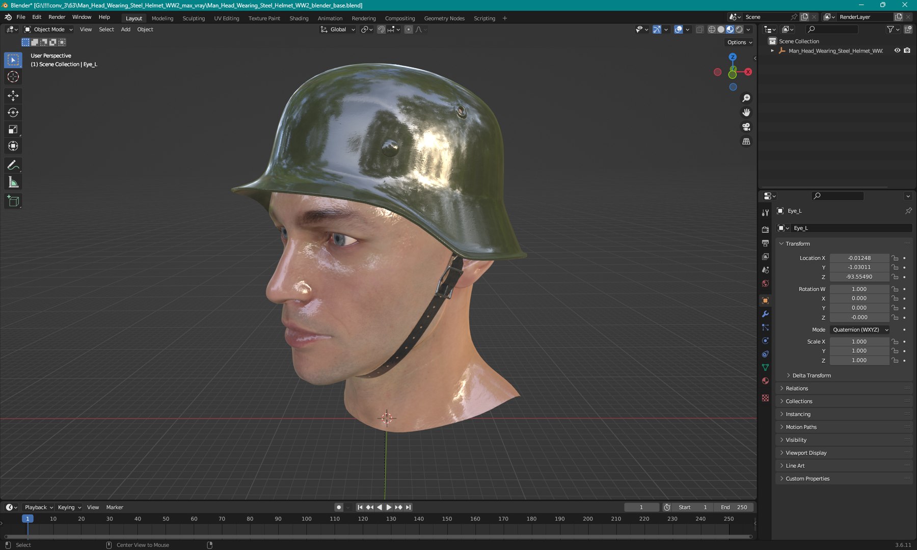 3D Model Man Head Wearing Steel Helmet WW2 - TurboSquid 2381913