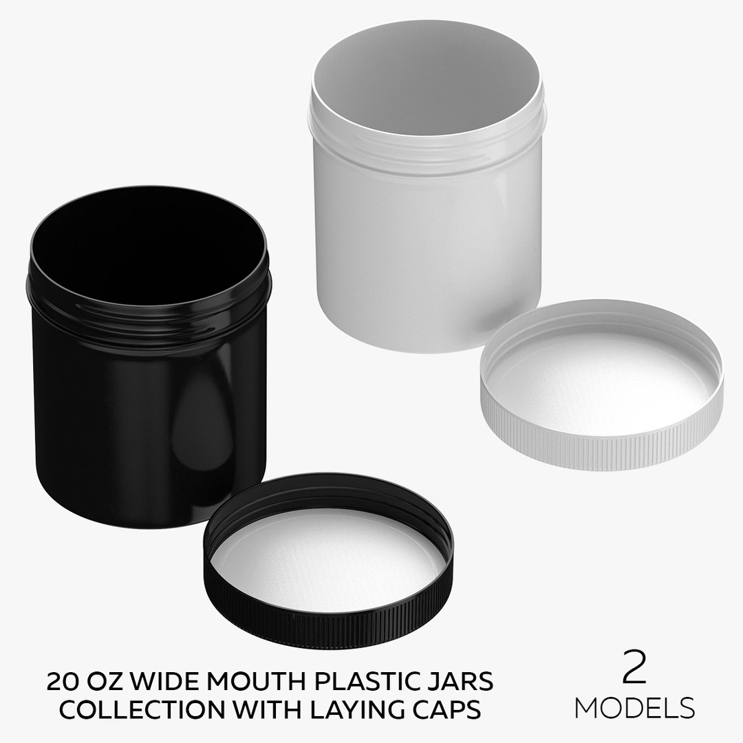 3D Model 20 Oz Wide Mouth Plastic Jars Collection With Laying Caps - 2 ...