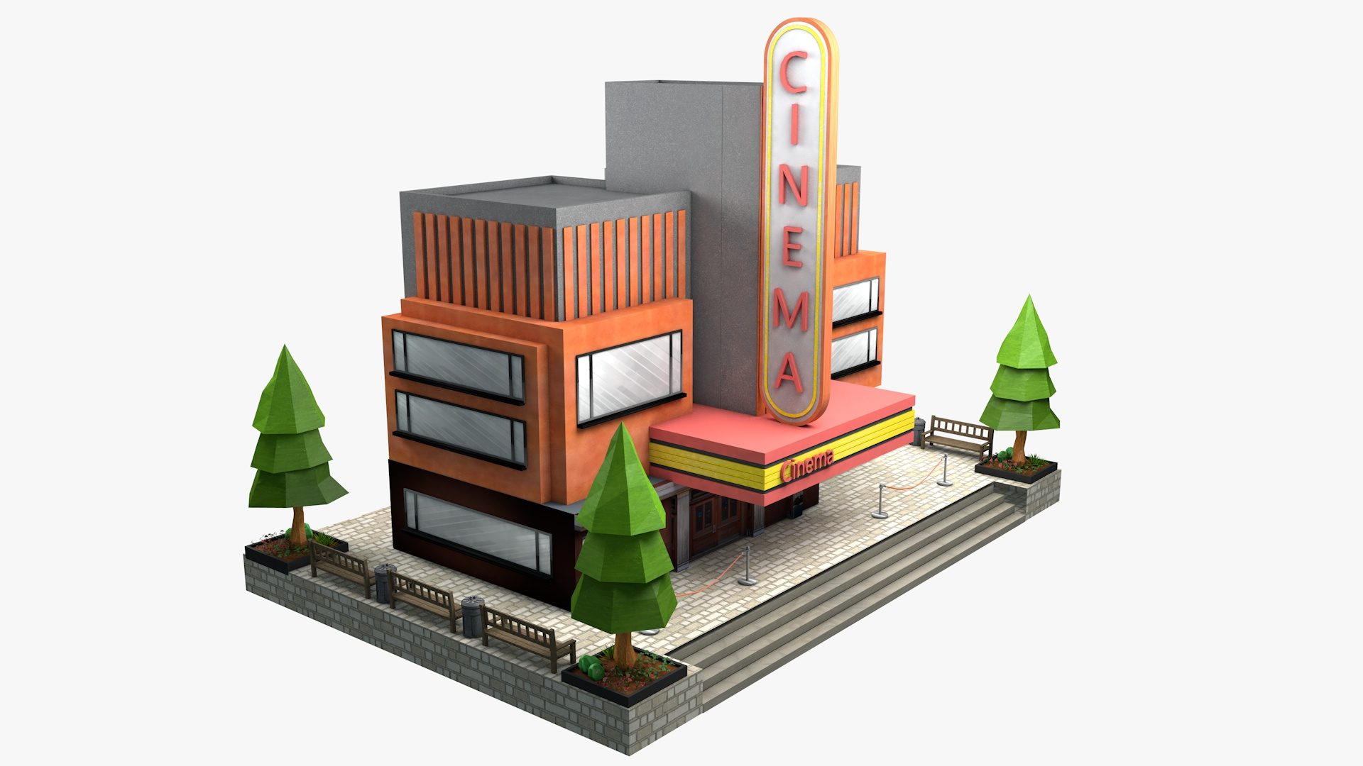 Low-Poly Cinema 3D Model With Benches Trees And Details Model ...