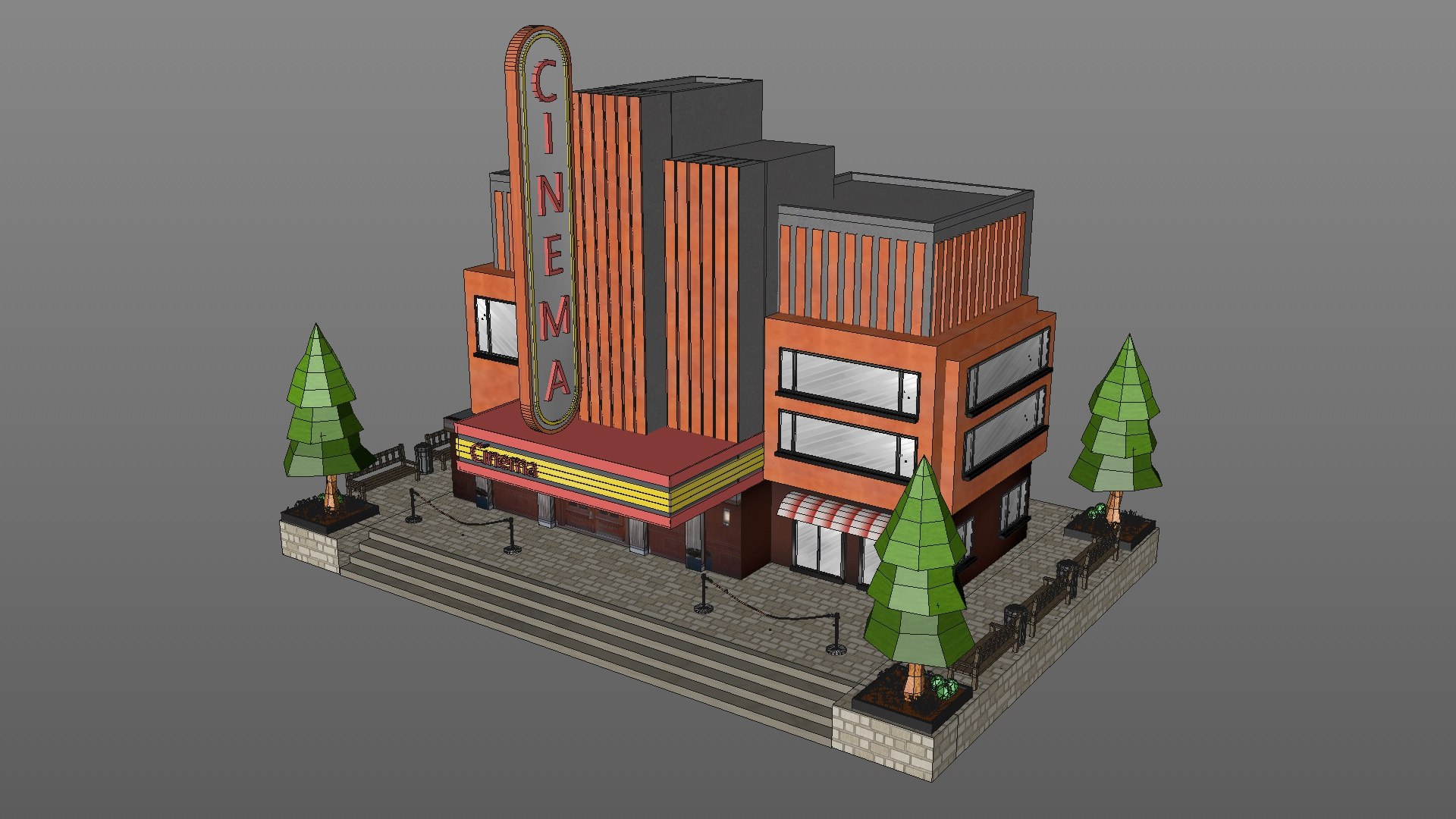 Low-Poly Cinema 3D Model With Benches Trees And Details Model ...