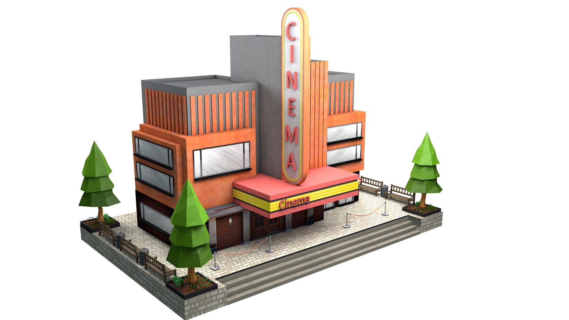 Low-Poly Cinema 3D Model With Benches Trees And Details Model ...