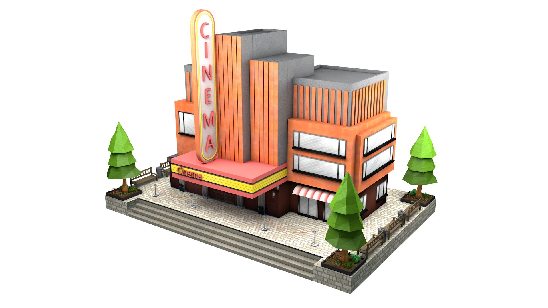 Low-Poly Cinema 3D Model With Benches Trees And Details Model ...