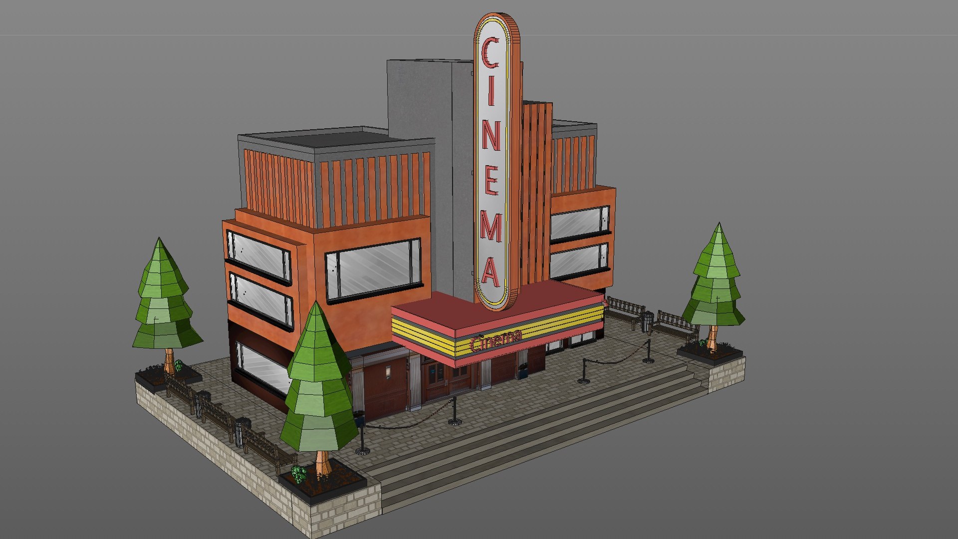 Low-Poly Cinema 3D Model With Benches Trees And Details Model ...