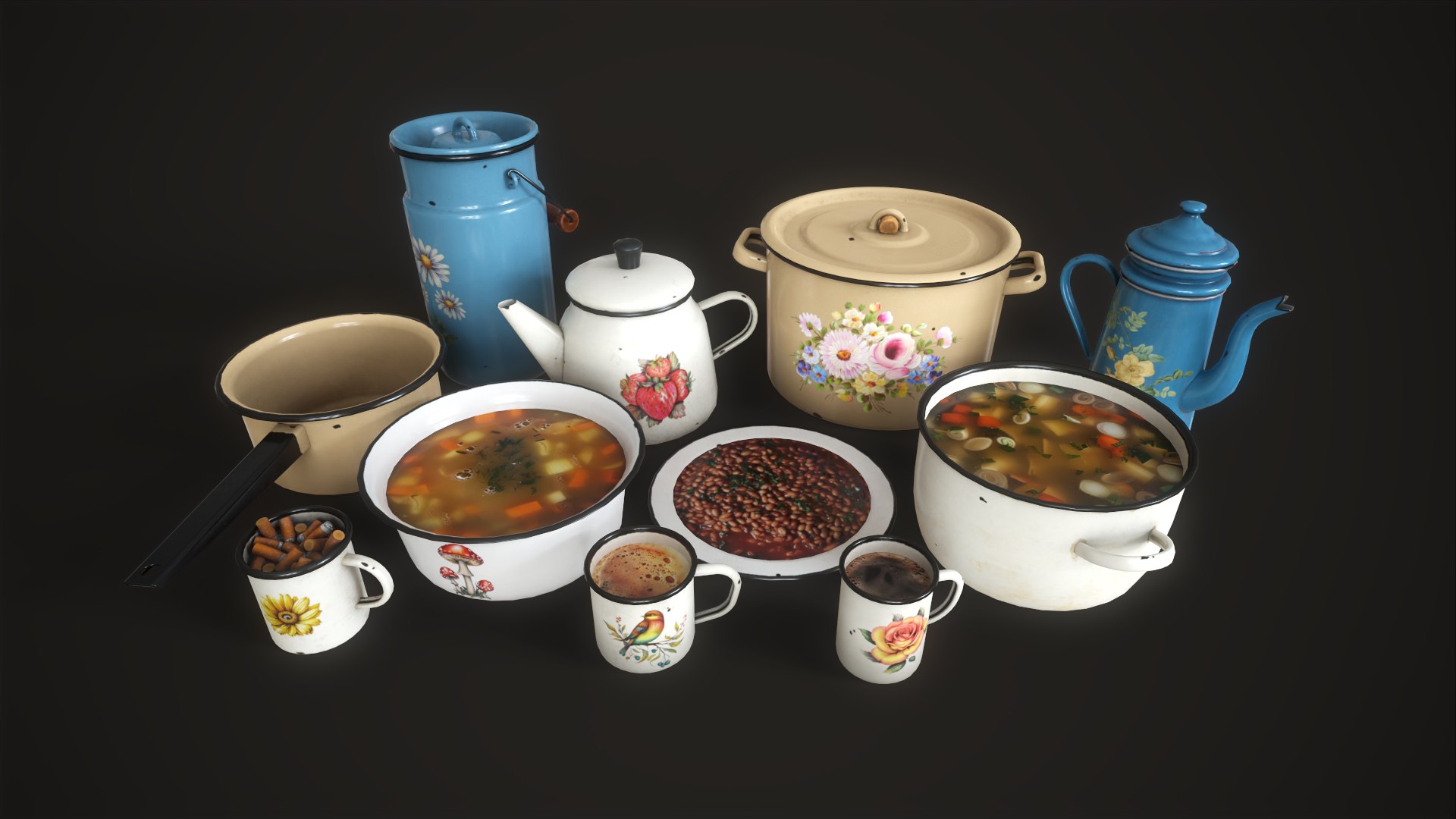 3D Enamel tableware set model - TurboSquid 2068170