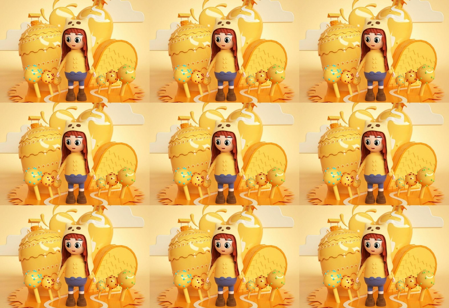 Orange C4D Cartoon Pastoral Style Girl IP Creative Image Little Girl ...