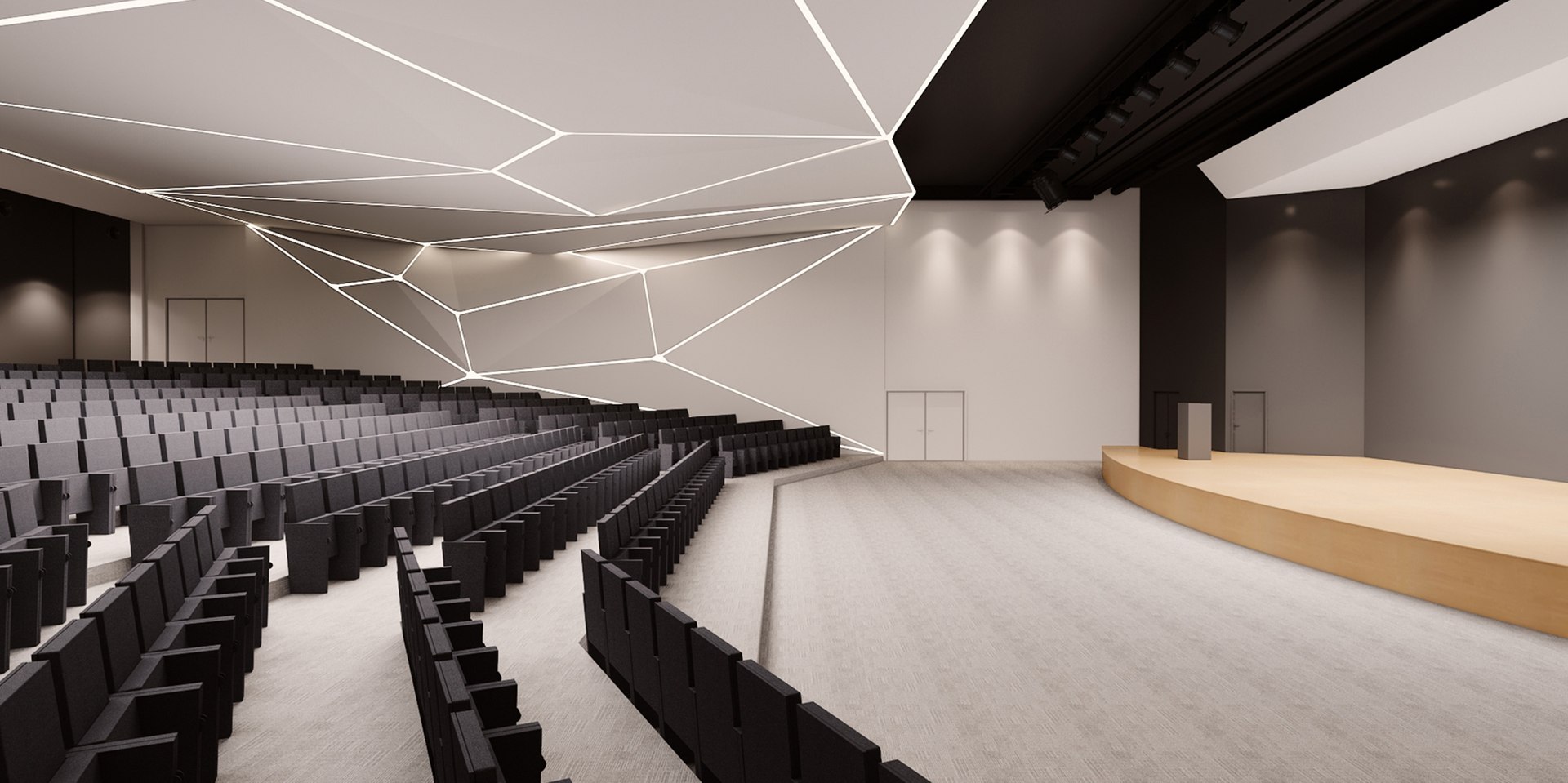 3D Modern Conference Hall With Curved Stage And LED Lighting ...