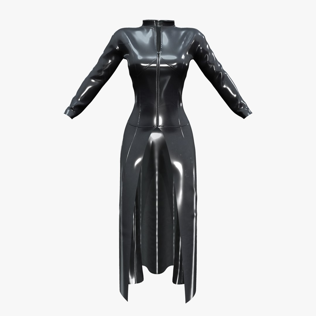 3D Shiny Black Latex Leather Standing Collar Long Trinity Coat ...