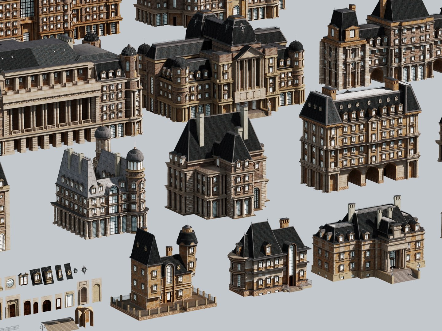 3D French Chateau Palace Building Pack Modular Architecture Model ...
