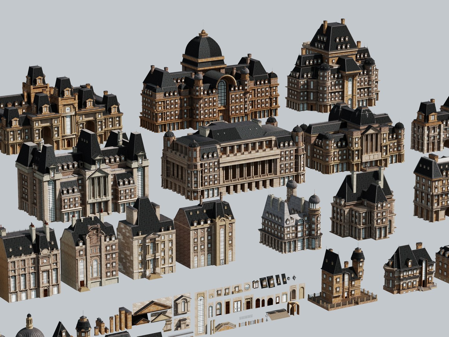 3D French Chateau Palace Building Pack Modular Architecture Model ...