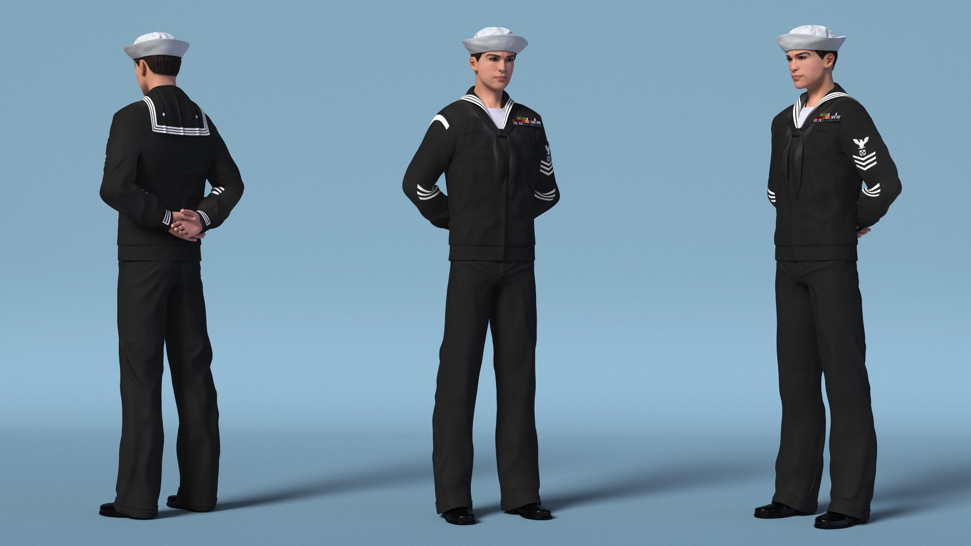 US Navy Asian Sailor In Black Uniform Standing Pose 3D Model ...
