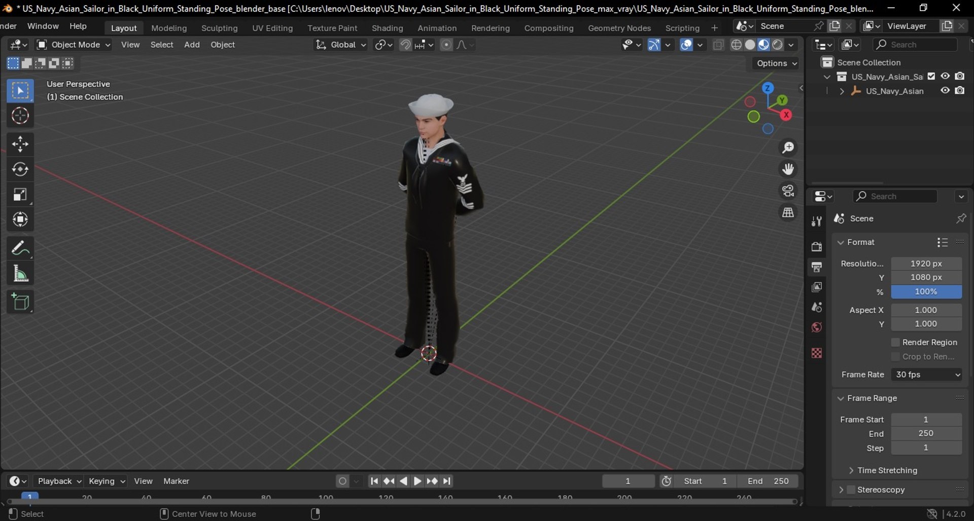 US Navy Asian Sailor In Black Uniform Standing Pose 3D Model ...