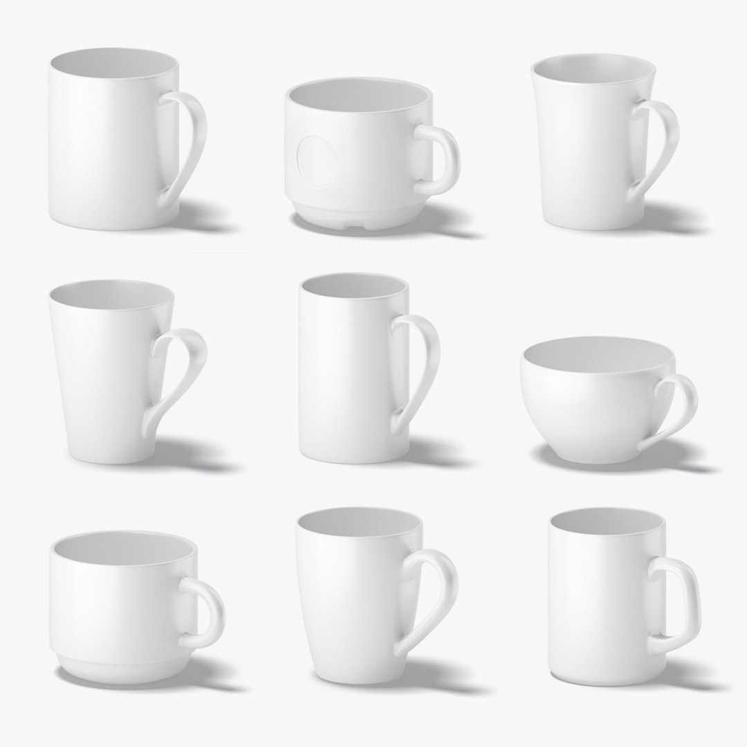 10 Mugs Shapes - white ceramic cups with different forms and sizes ...