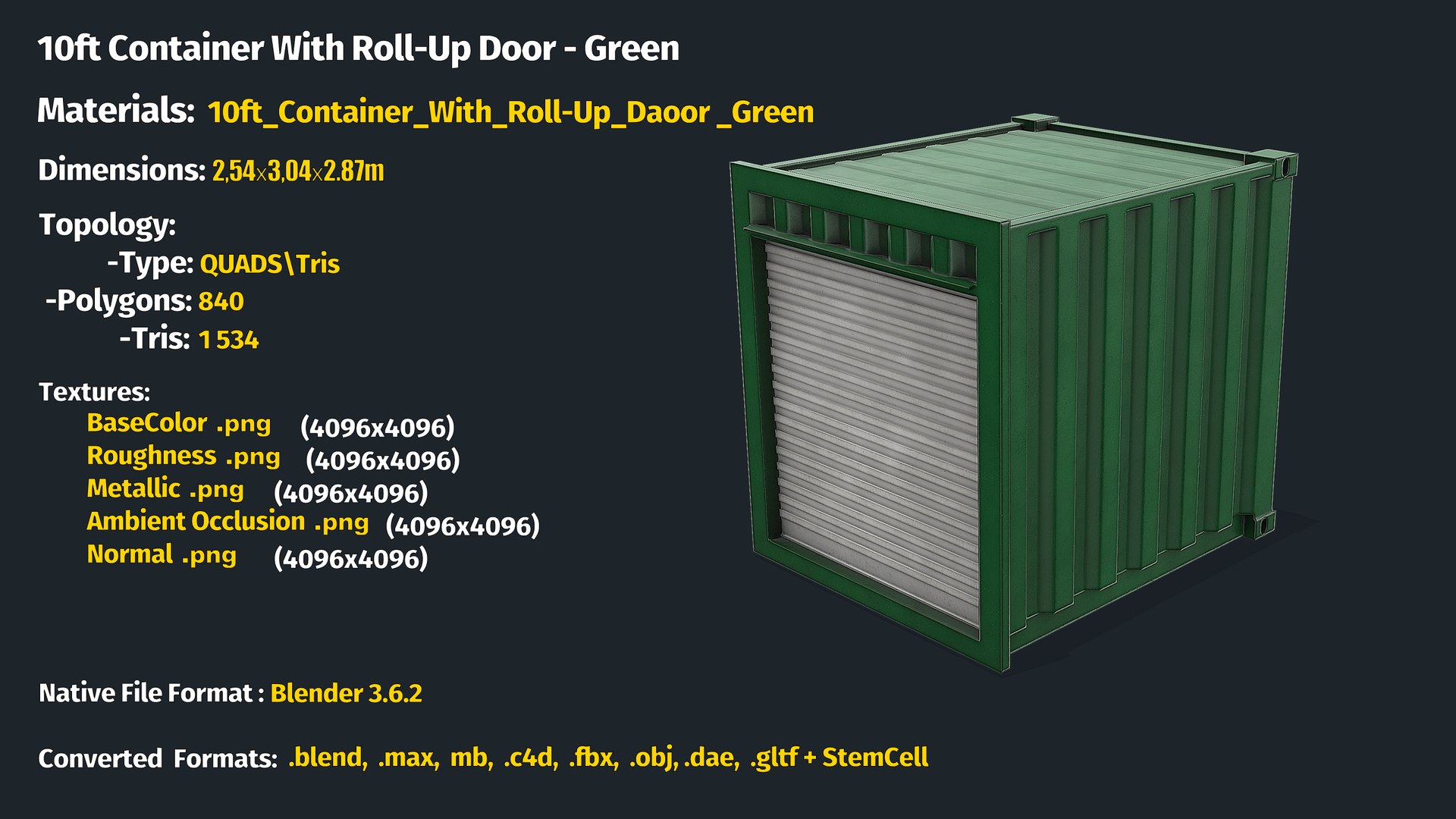 10ft Container With Roll-Up Door - Green 3D Model - TurboSquid 2149189