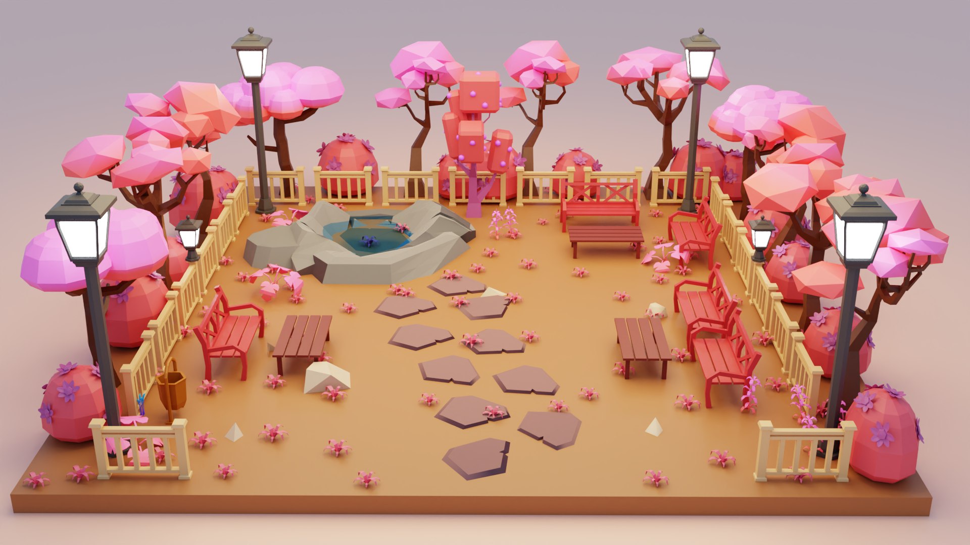Low Poly Fantasy Pink Japanese Garden Scene Low-poly 3D Model 3D Model ...