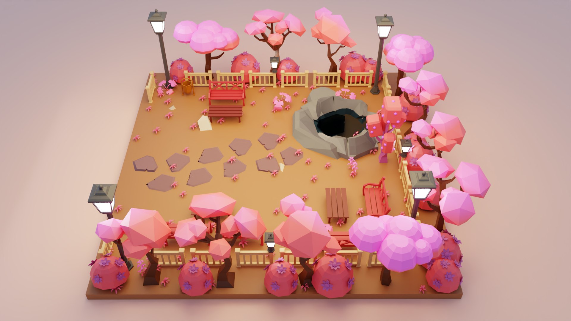 Low Poly Fantasy Pink Japanese Garden Scene Low-poly 3D Model 3D Model ...