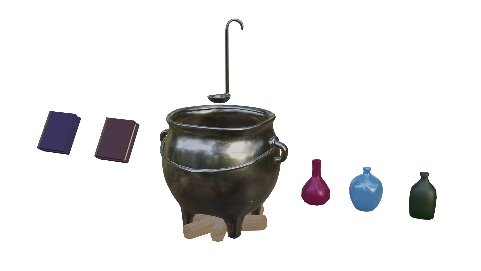 Witch Accessories Cauldron Bottles And Books 3D Model - TurboSquid 2108599