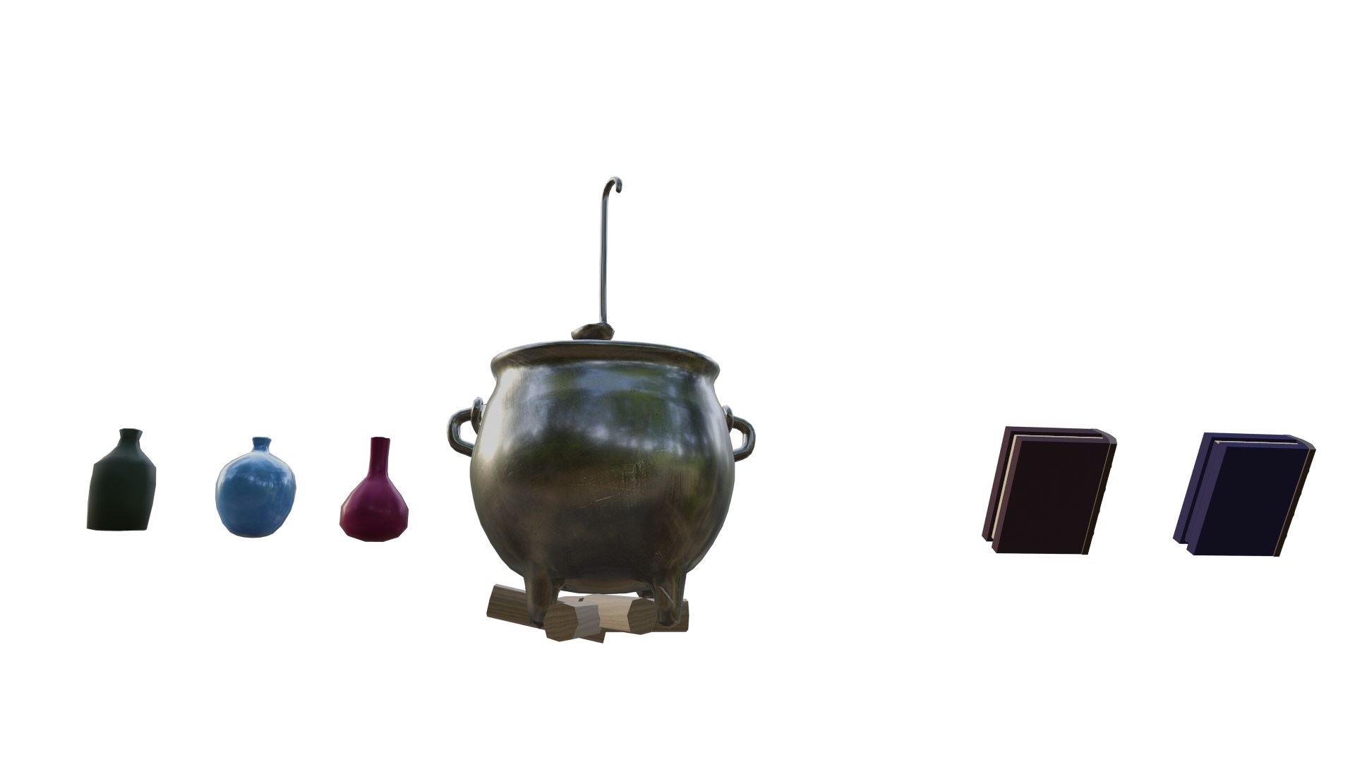Witch Accessories Cauldron Bottles And Books 3D Model - TurboSquid 2108599