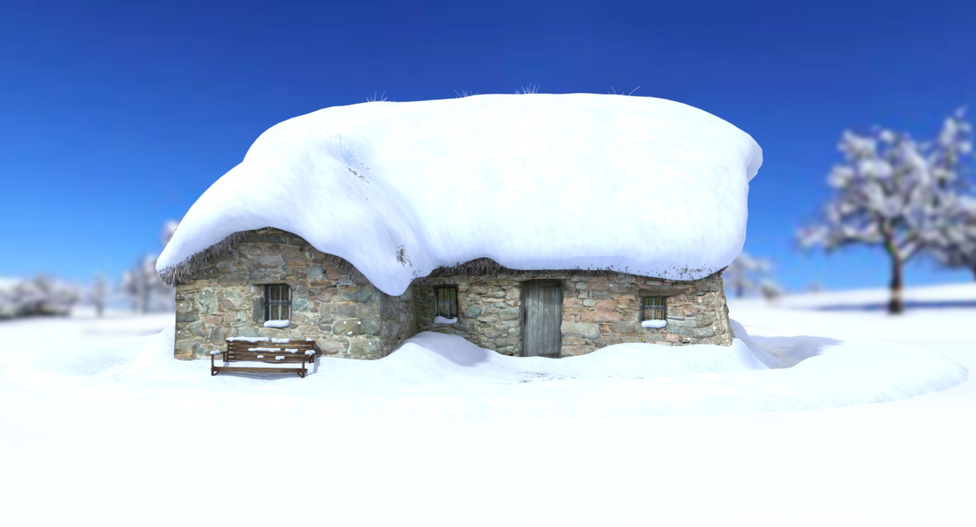 3d model of winter stone house