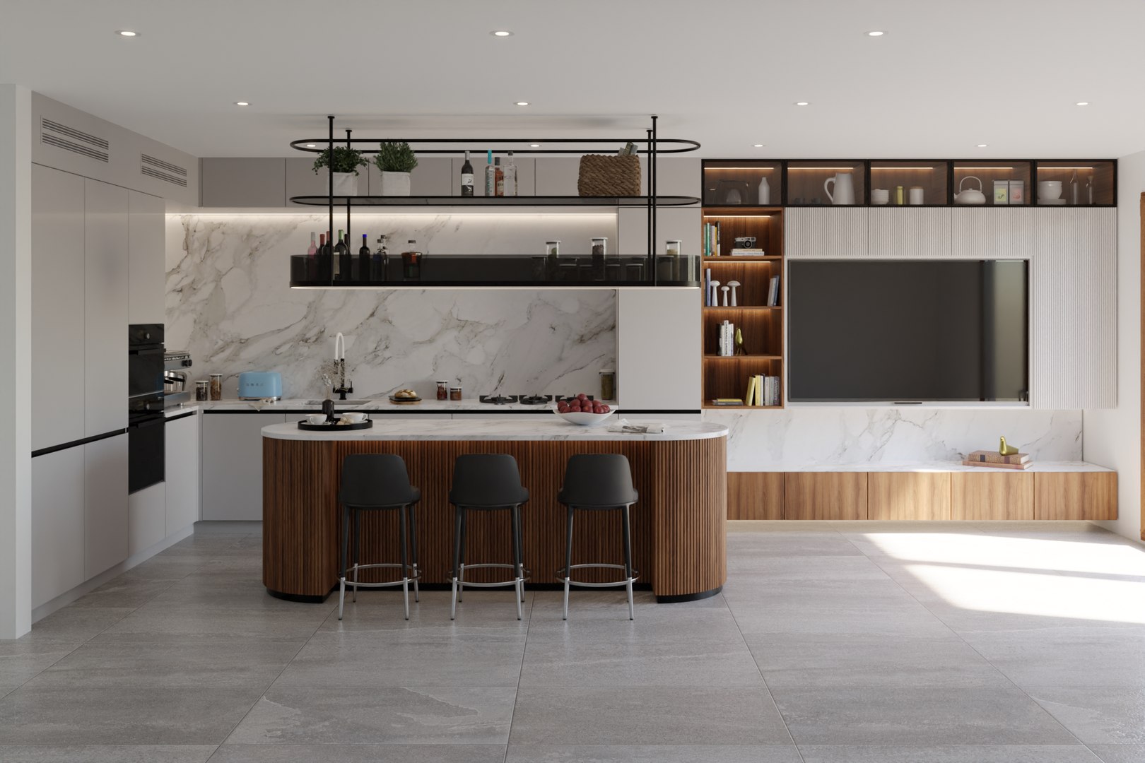 Modern Island Kitchen And TV Unit Timber And Marble 3D Model ...