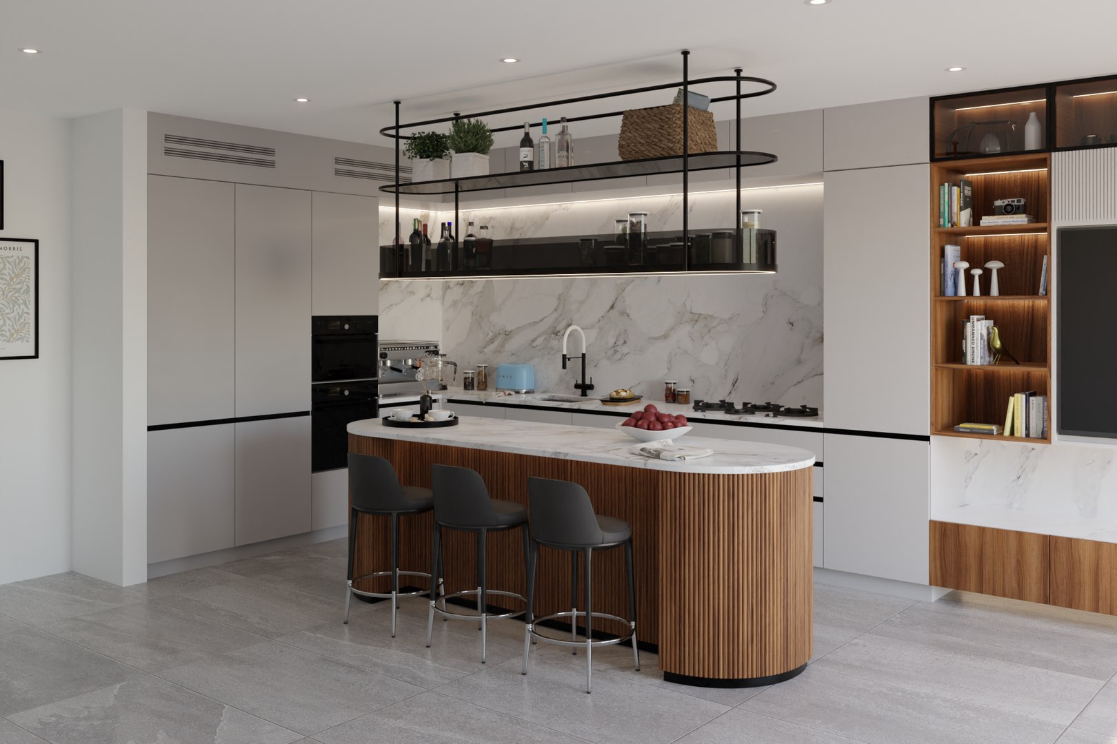 Modern Island Kitchen And TV Unit Timber And Marble 3D Model ...