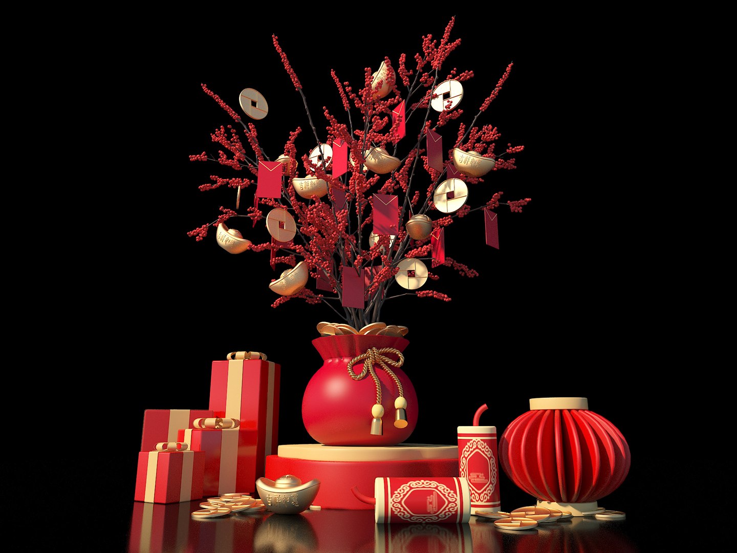 Wealth Tree God of Wealth Tree Blessing Tree New Years Calling Tree Red model - TurboSquid 2170157
