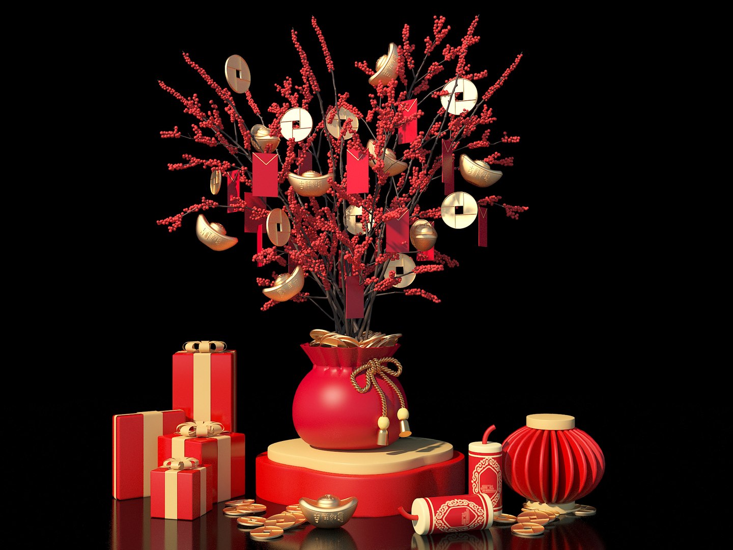Wealth Tree God of Wealth Tree Blessing Tree New Years Calling Tree Red ...