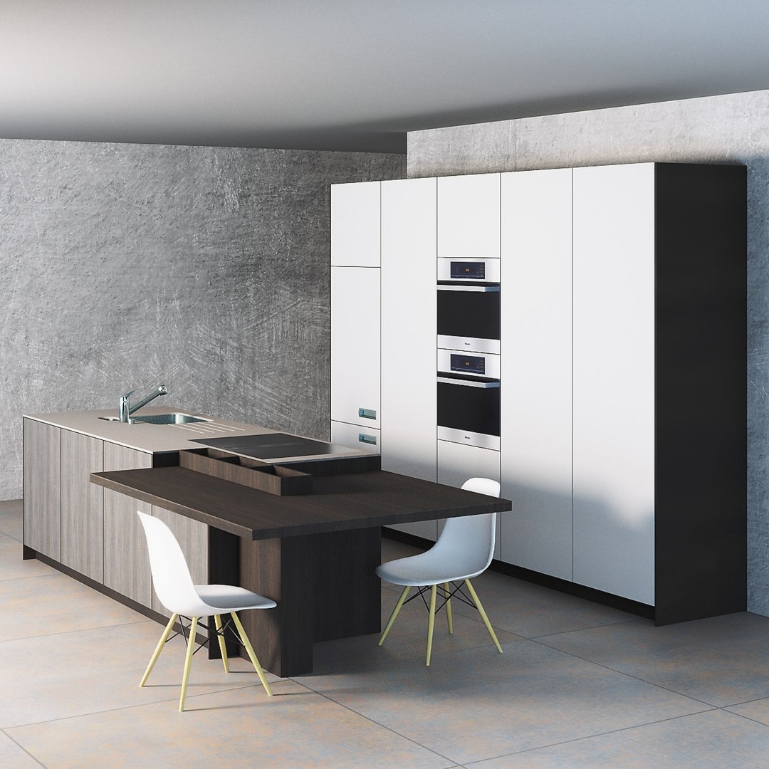 Open modern kitchen with island and dining table 3D model - TurboSquid ...
