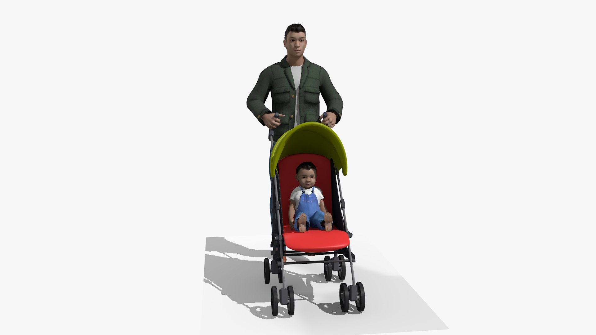 3D model Animated Casual Walking Man Pushing a Stroller Pram And Baby ...