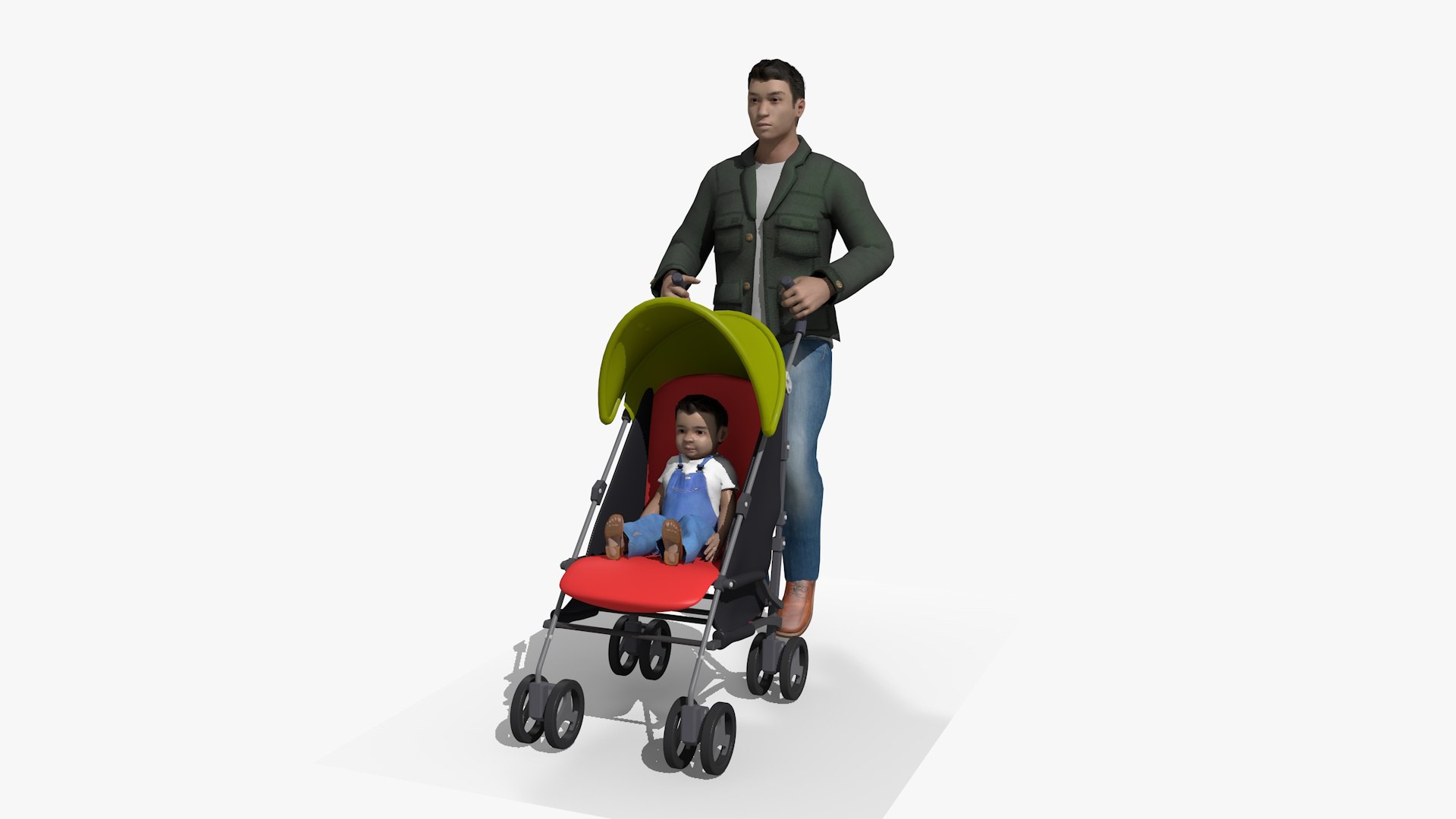 3D model Animated Casual Walking Man Pushing a Stroller Pram And Baby ...