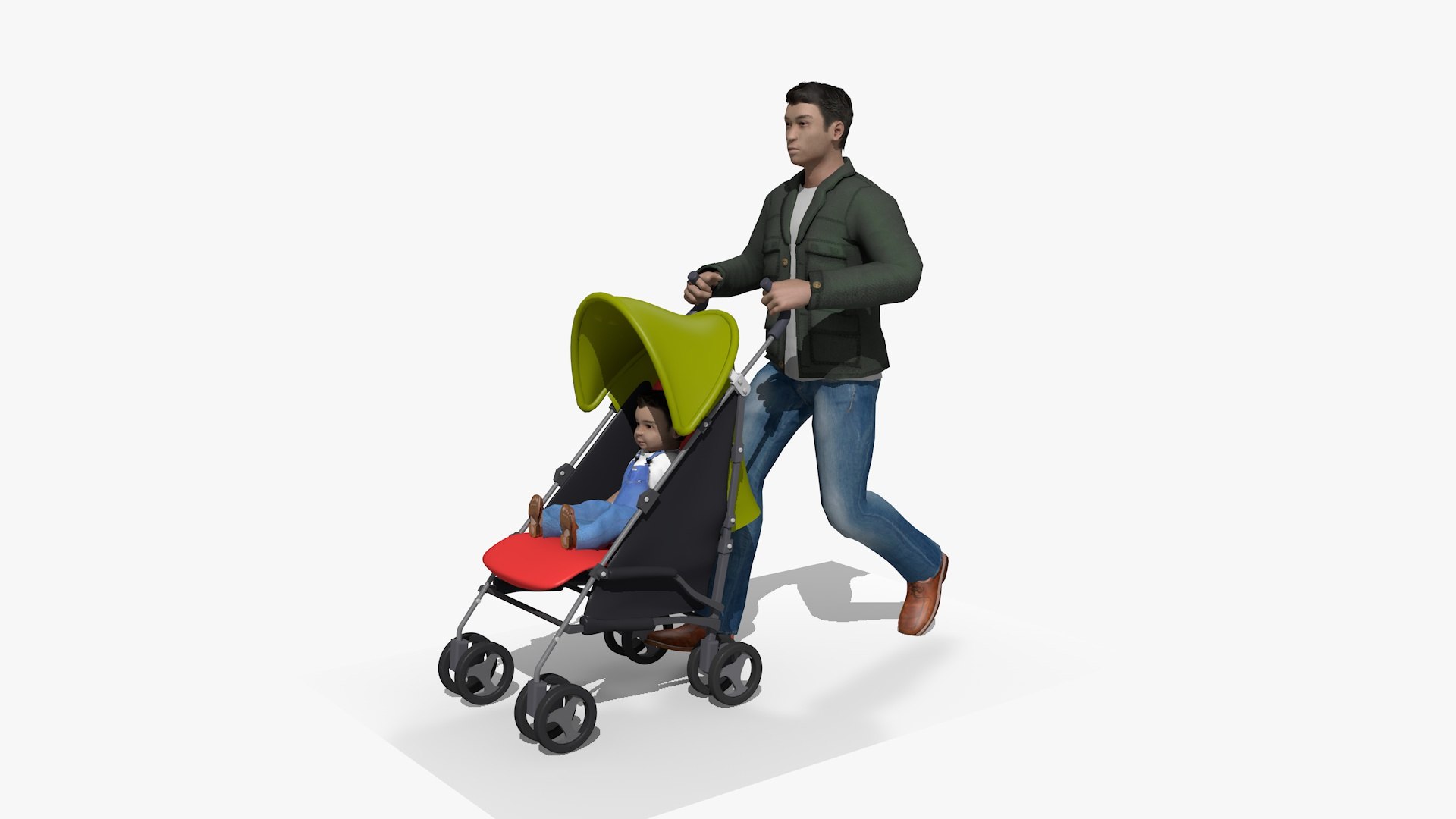 3D Model Animated Casual Walking Man Pushing A Stroller Pram And Baby ...