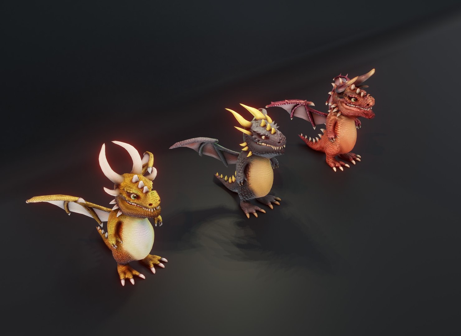Cartoon Dragons - Black Dragon Gold Dragon Crystal Dragon 3D Model 3D ...